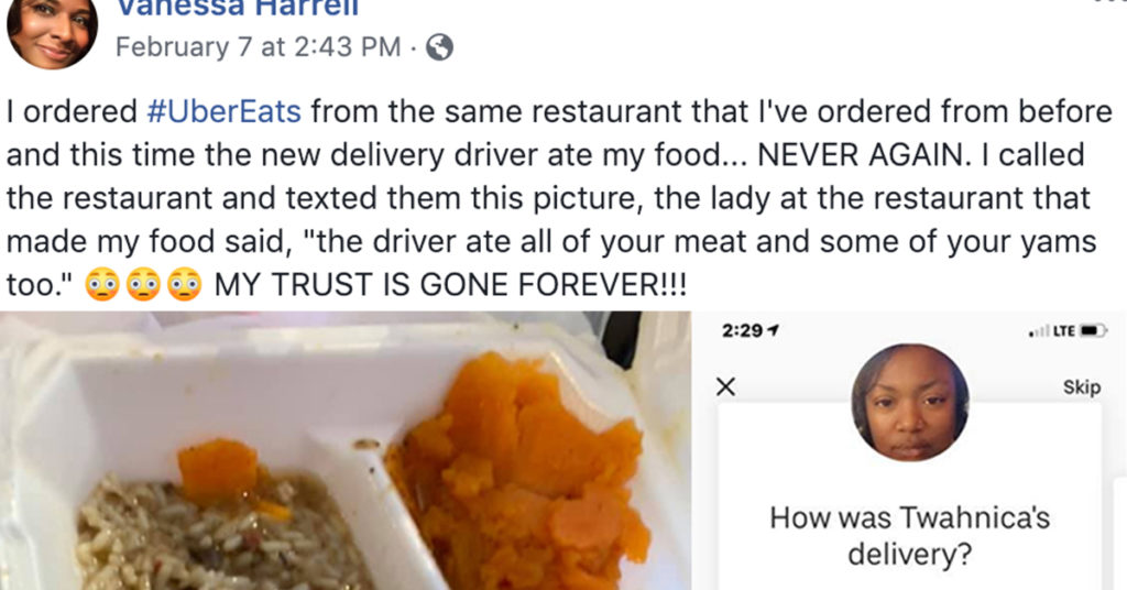 Woman's Post About Uber Eats Driver Eating Half Her Food Has Gone Viral