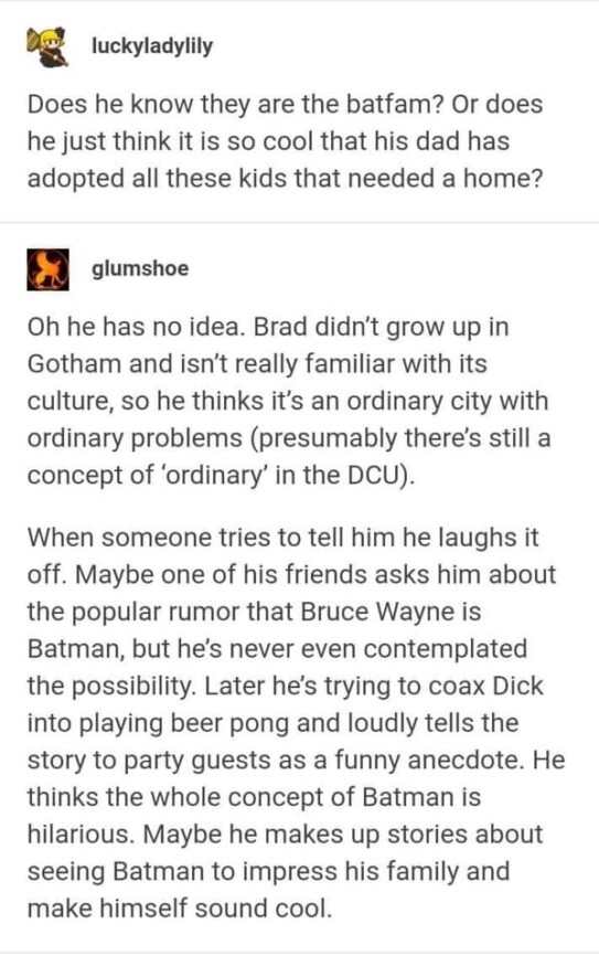 Funny Tumblr Thread Envisions "Brad Wayne," Bruce Wayne's Normal Son